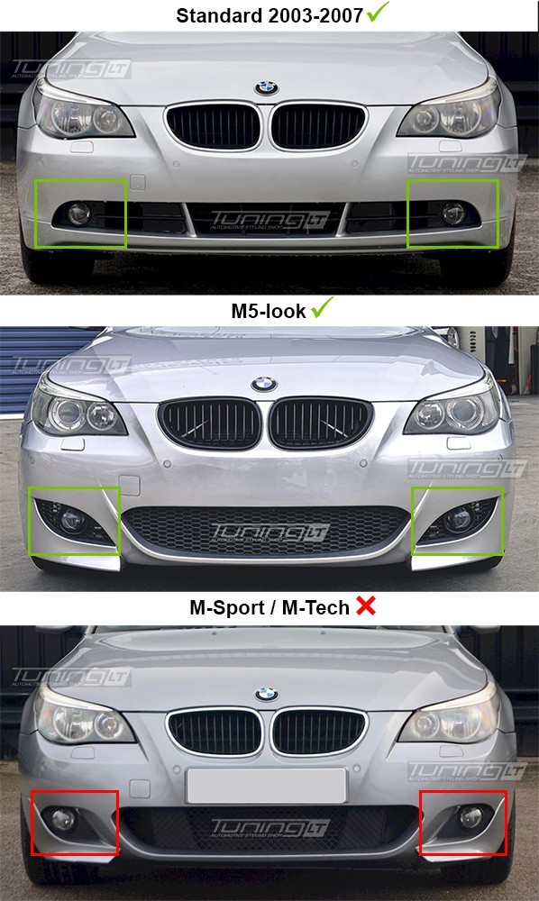 Priešrūkiniai žibintai skirti BMW E60 / E61 (03-07) standartiniam bamperiui, skaidrūs su lęšiais